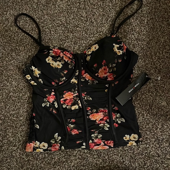 Tops | Black Floral Crop Top | Poshmark